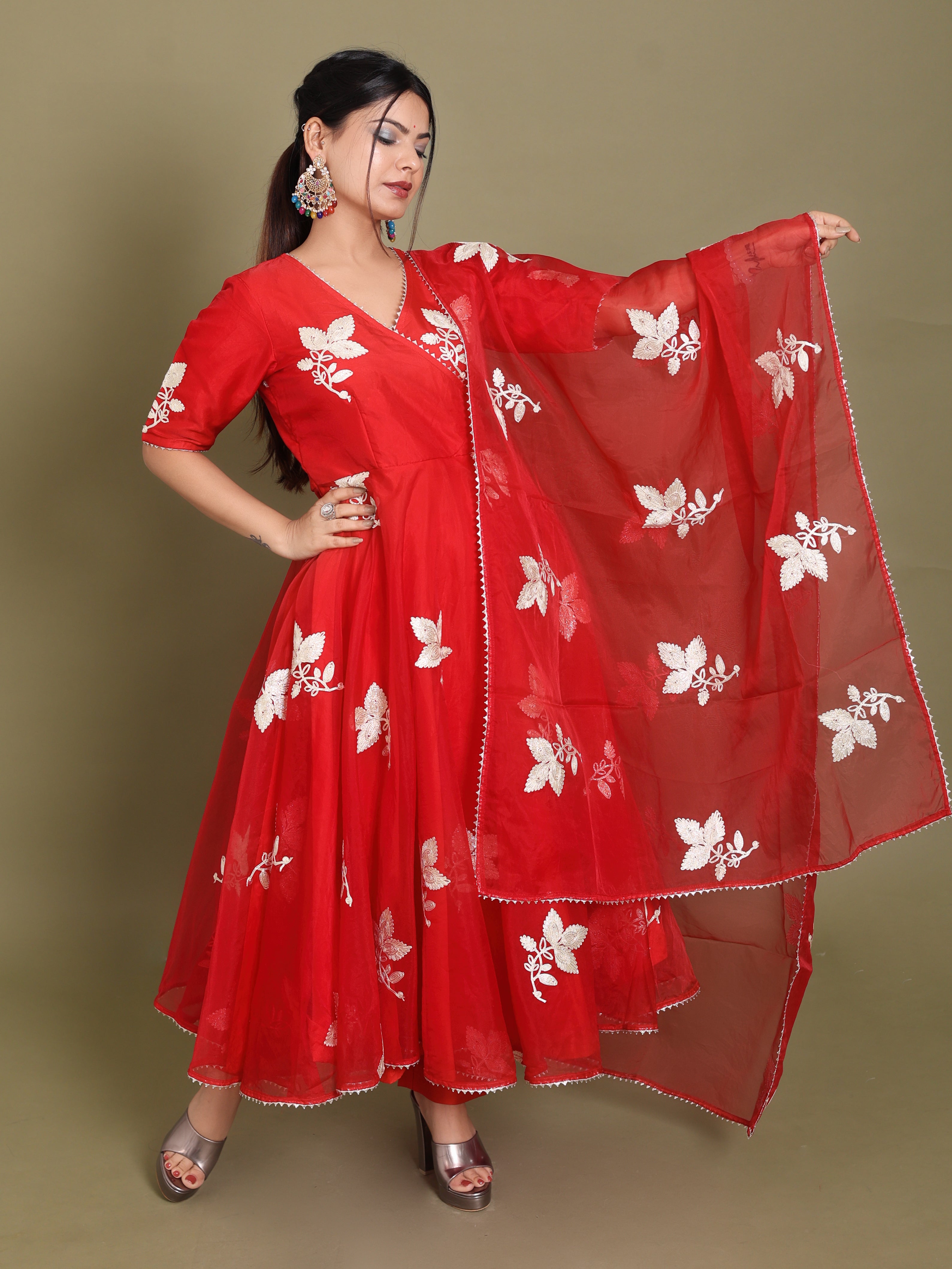 Red Gota Organza Suit Set